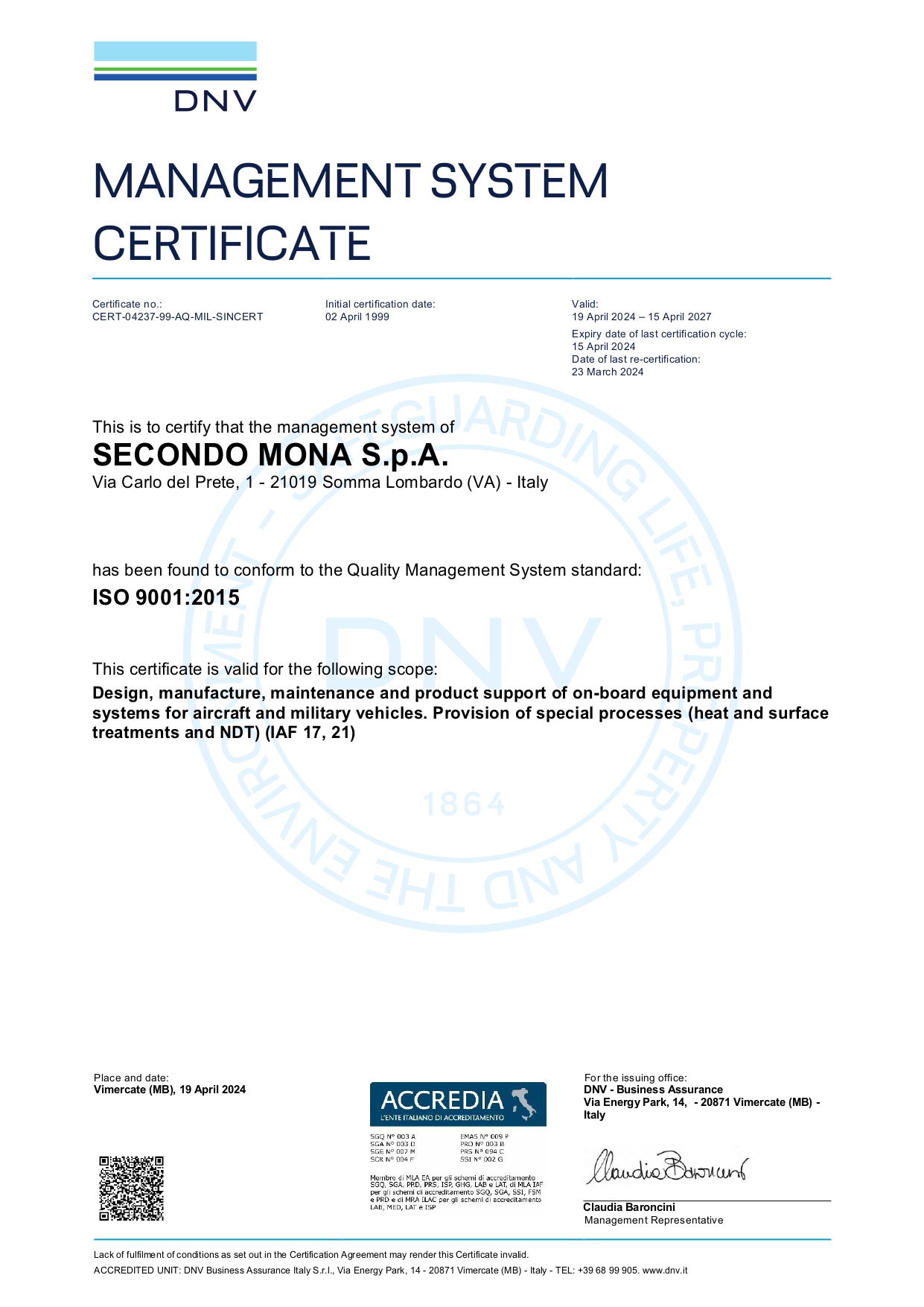 Quality assurance certificates - Secondo Mona